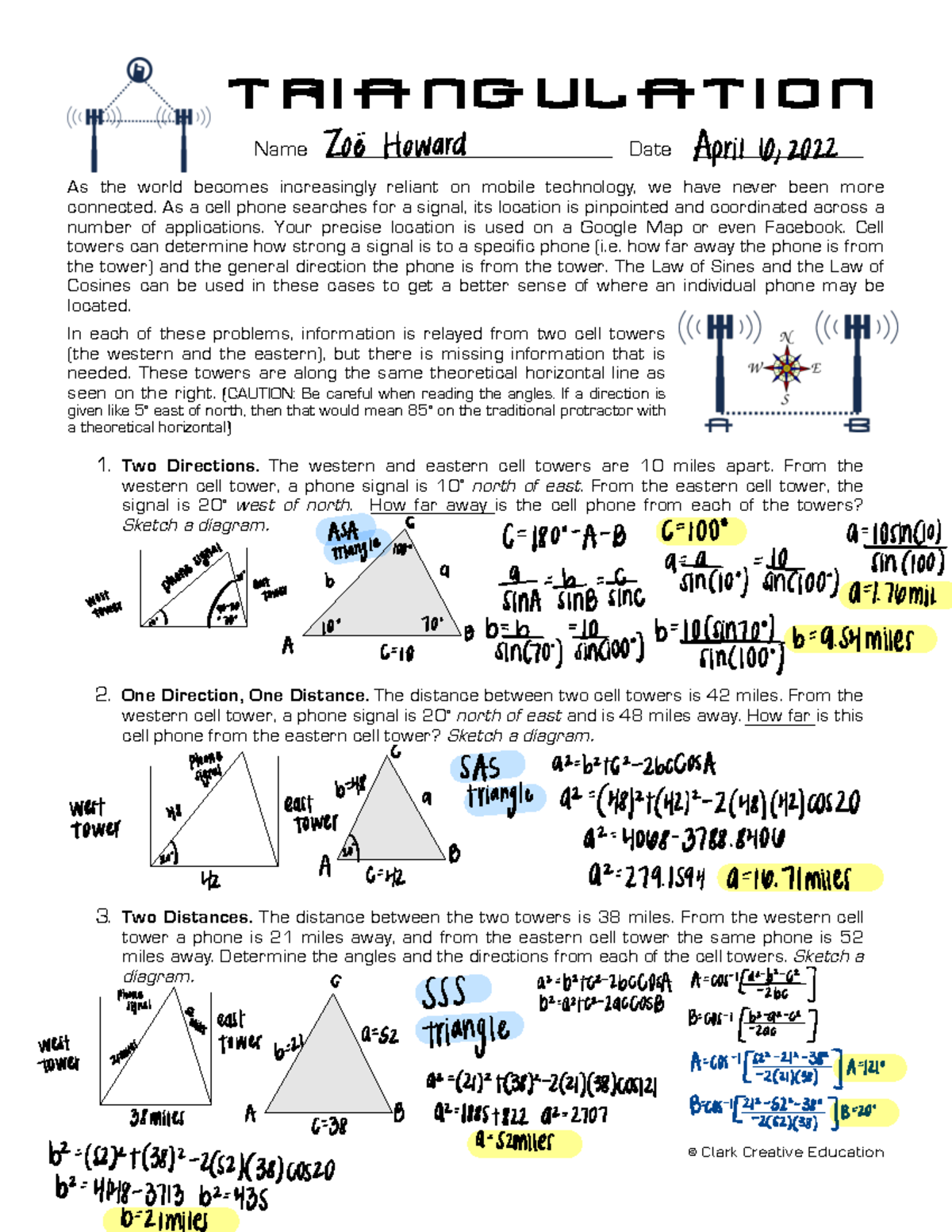 Cell Phone Triangulation Lawof Sines Cosines - © Clark Creative ...
