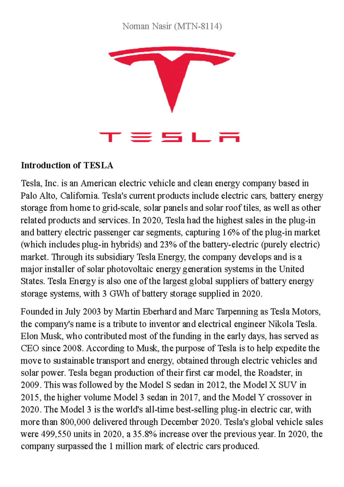 MTN-8114: Comprehensive Overview of Tesla's Business Model and ...