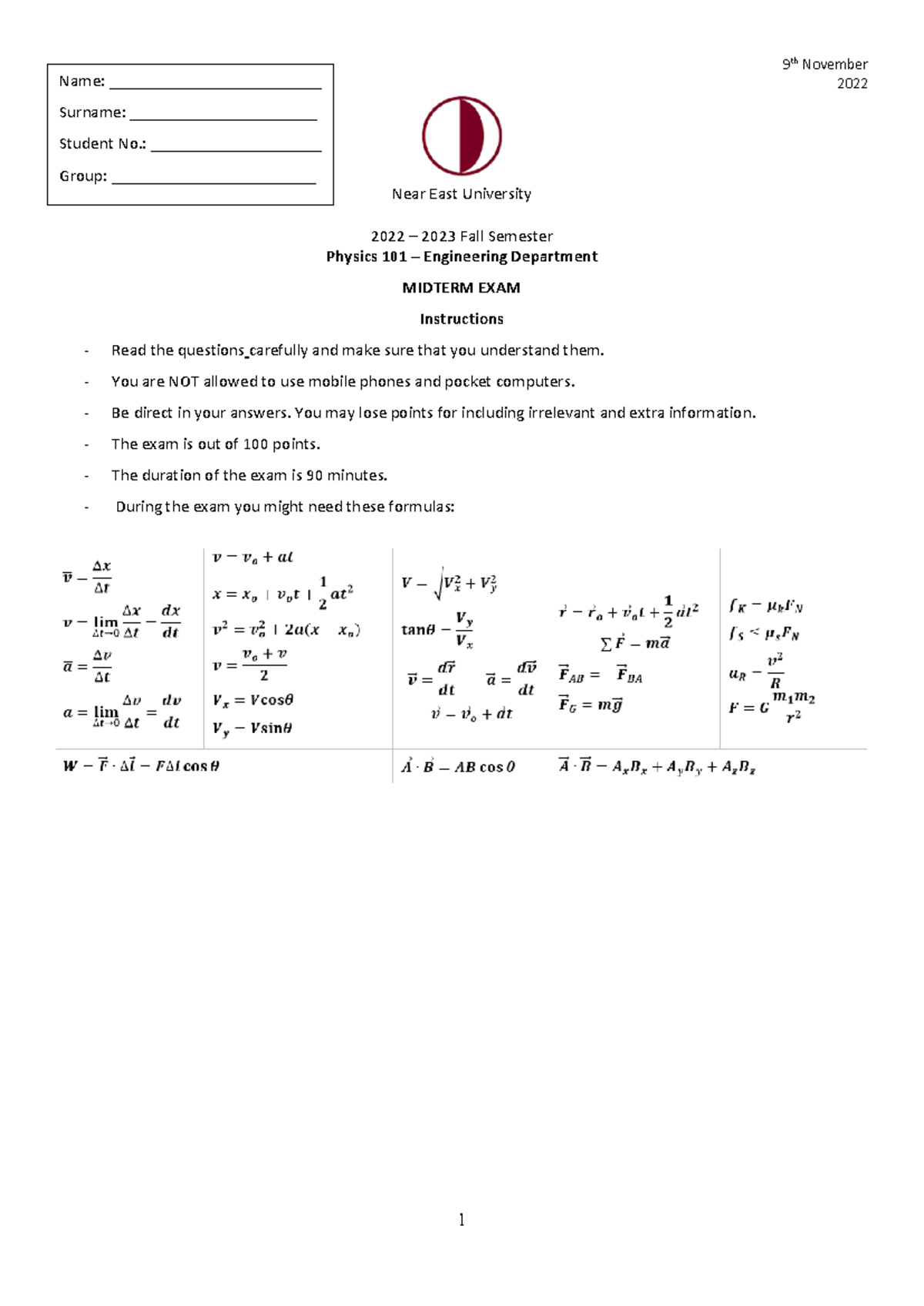 Physics 101 Midterm Exam Fall 2023 - Near East University - Studocu
