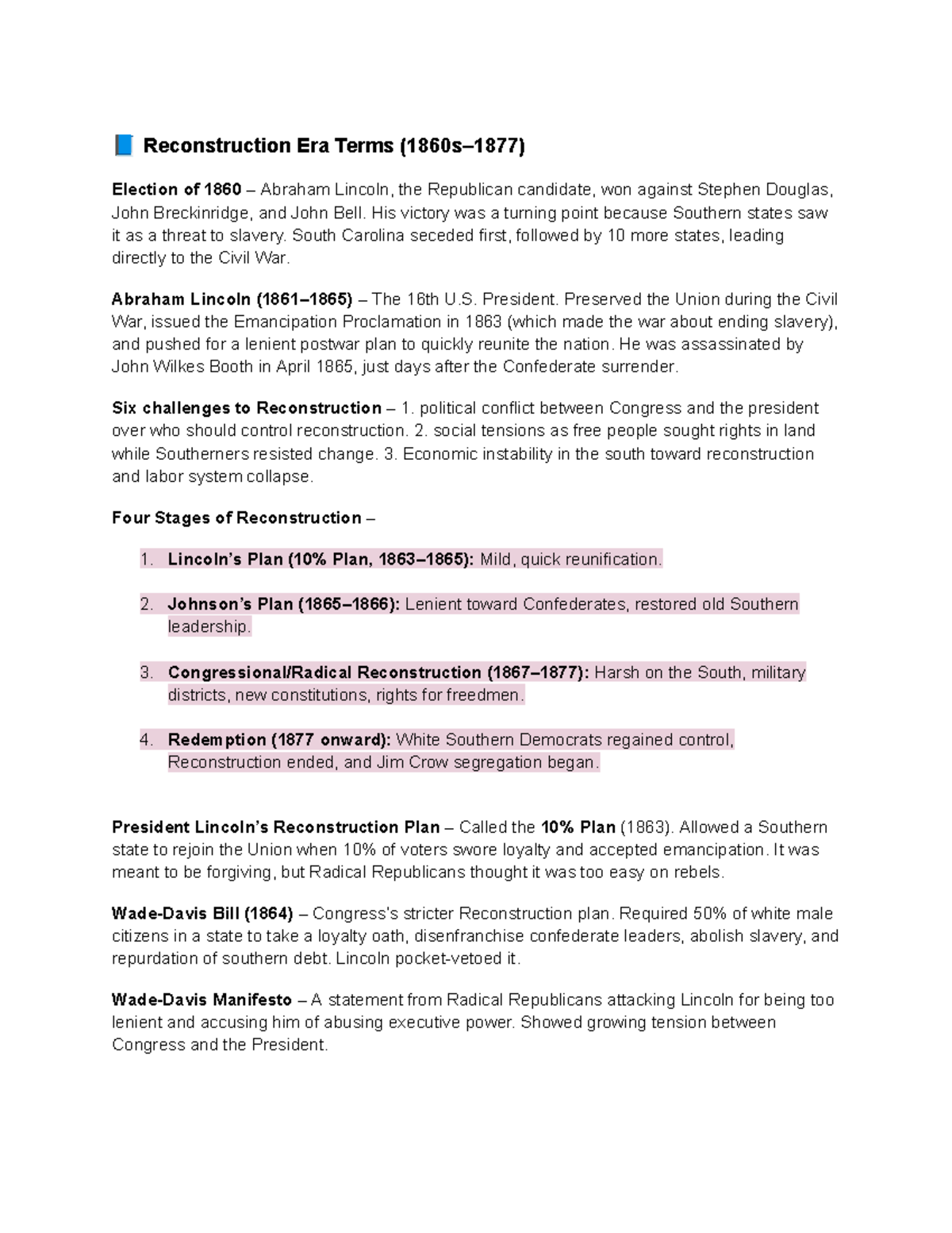 Final Exam Study Guide for Course XYZ 101: Reconstruction Era Insights ...