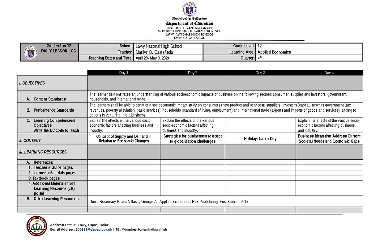 4th Quarter Economics DLL for Grade 12 - Week 5 Lessons - Studocu