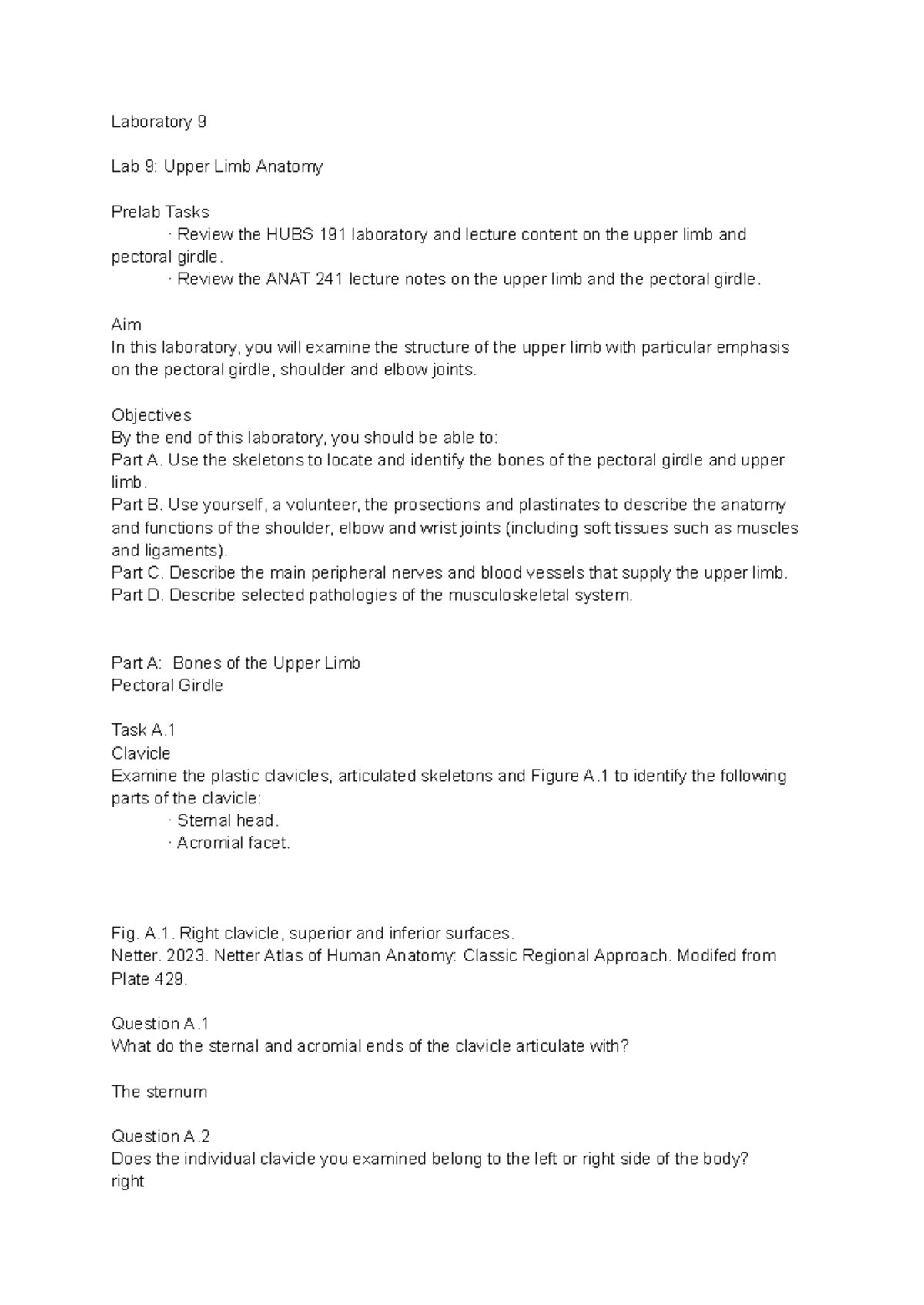 Lab 9: Upper Limb Anatomy Prelab Tasks for HUBS 191 & ANAT 241 - Studocu