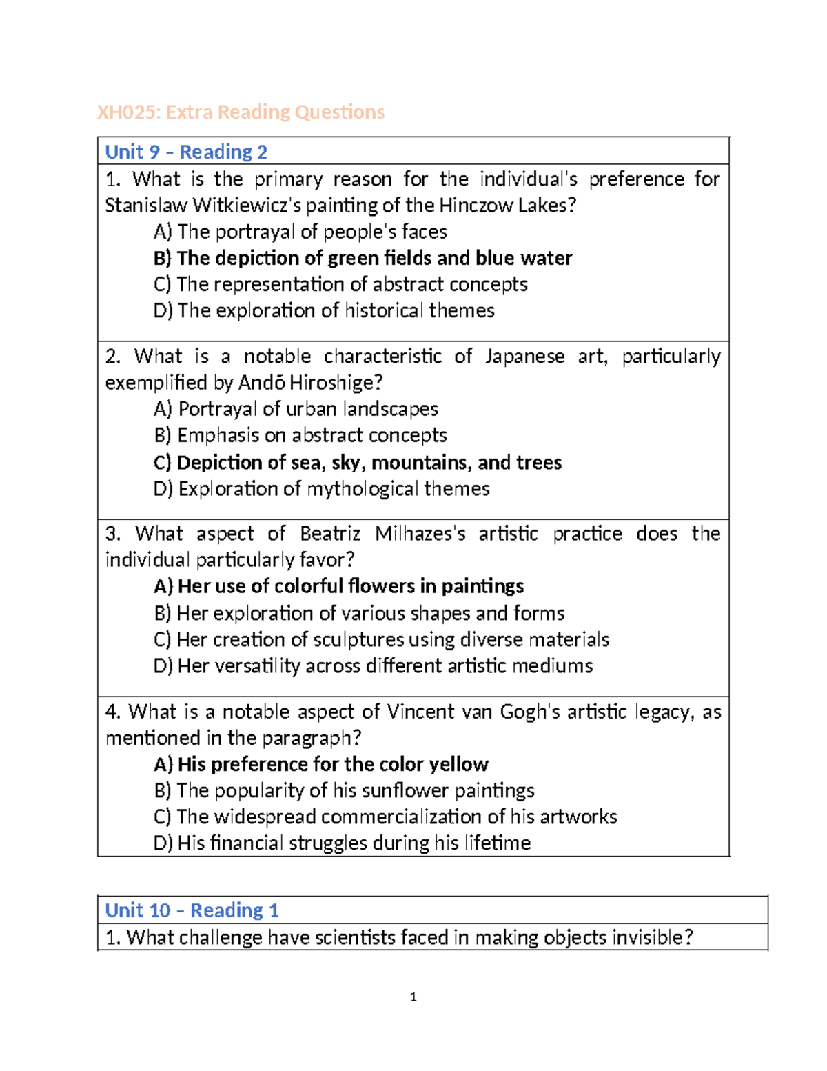 XH025: Extra Reading Questions for Units 9 & 10 - Studocu