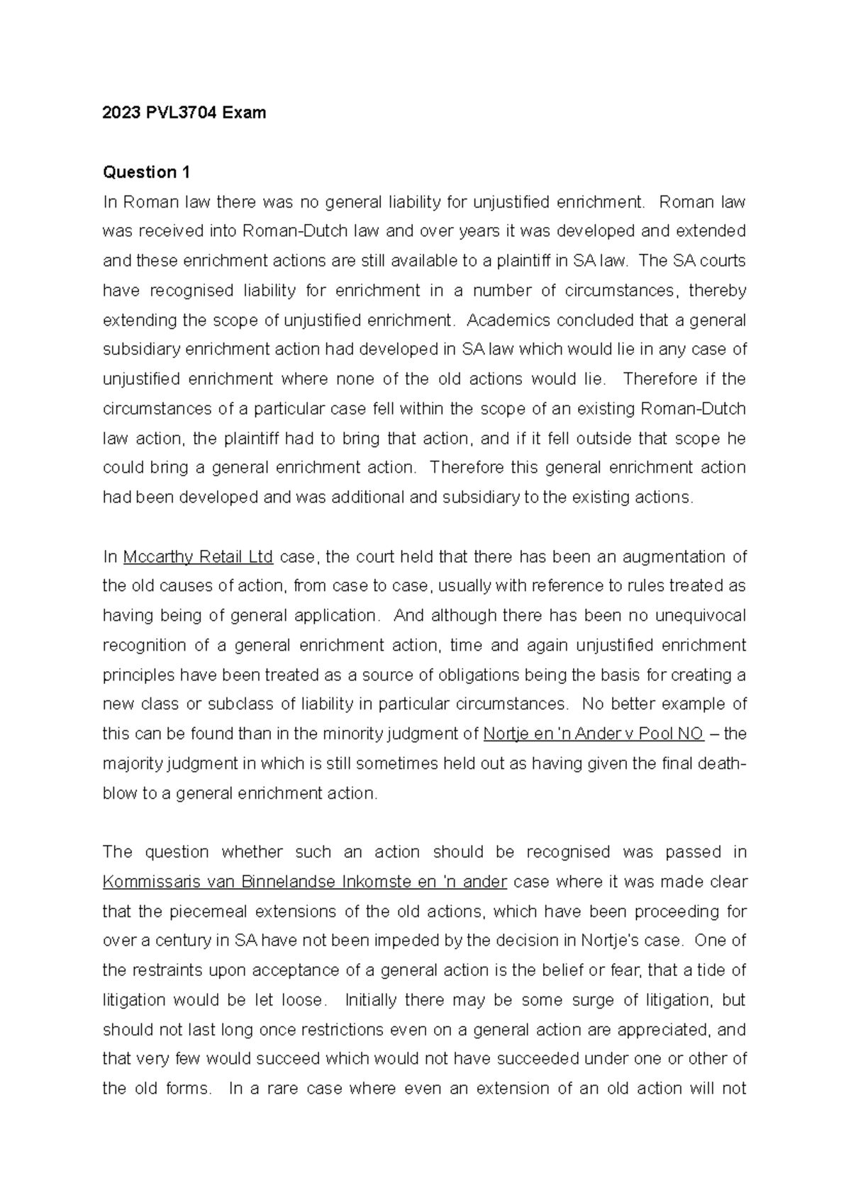 PVL3704 2023 S2 Exam - Unjustified Enrichment & Estoppel Q Papers - Studocu