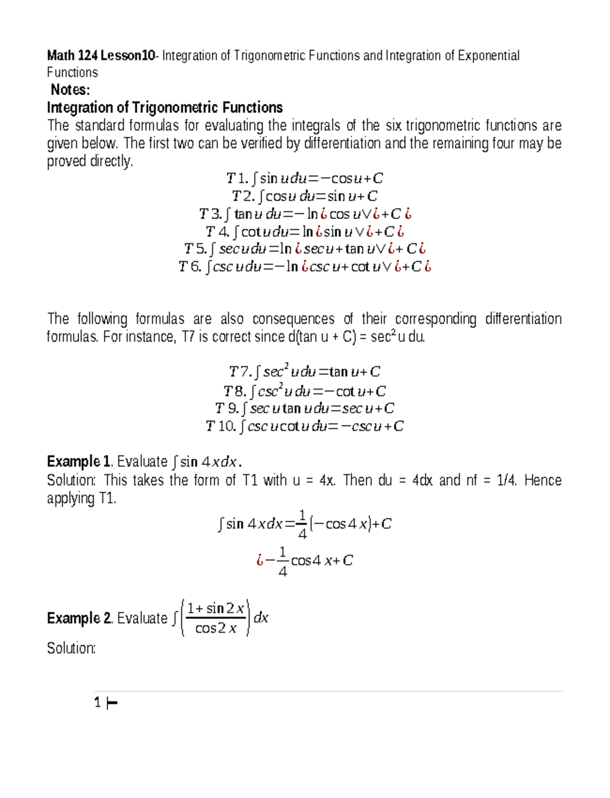 MATH 124 - Integration of Trigonometric & Exponential Functions Notes ...