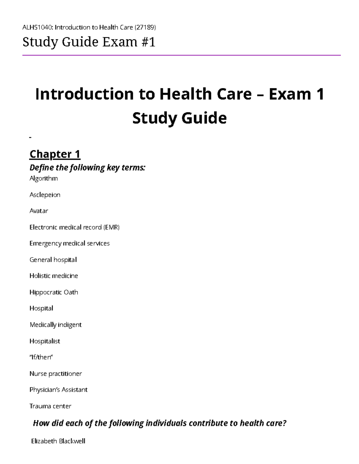 ALHS1040: Health Care Exam 1 Study Guide & Key Terms - Studocu