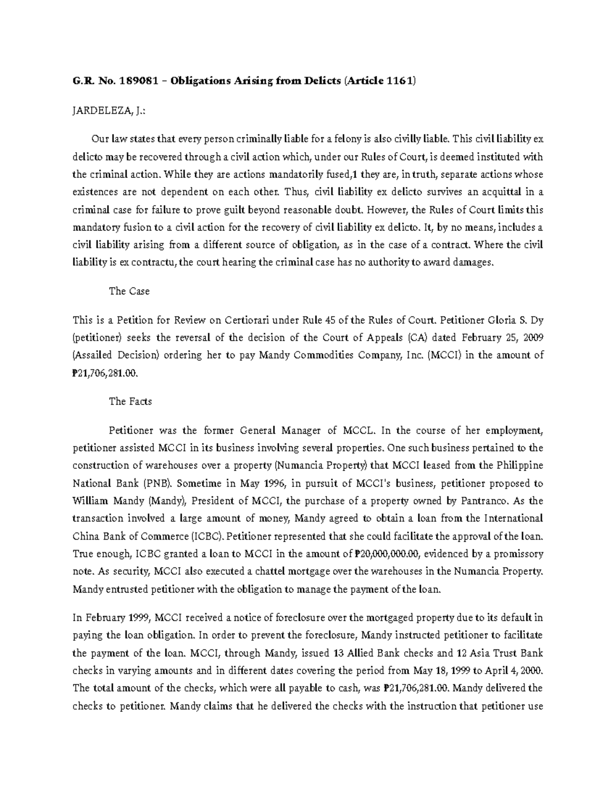 G.R. No. 189081 - Civil Liability in Estafa and Contractual Obligations ...