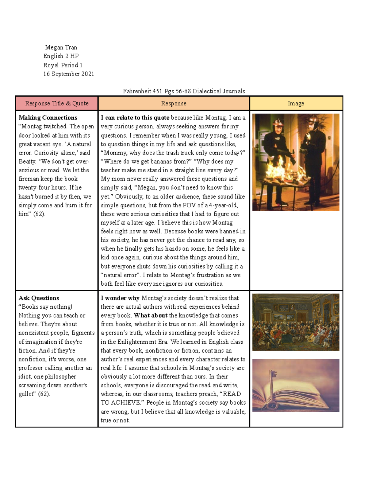 Fahrenheit 451 Pgs 56-68 Dialectical Journals - Megan Tran English 2 HP ...