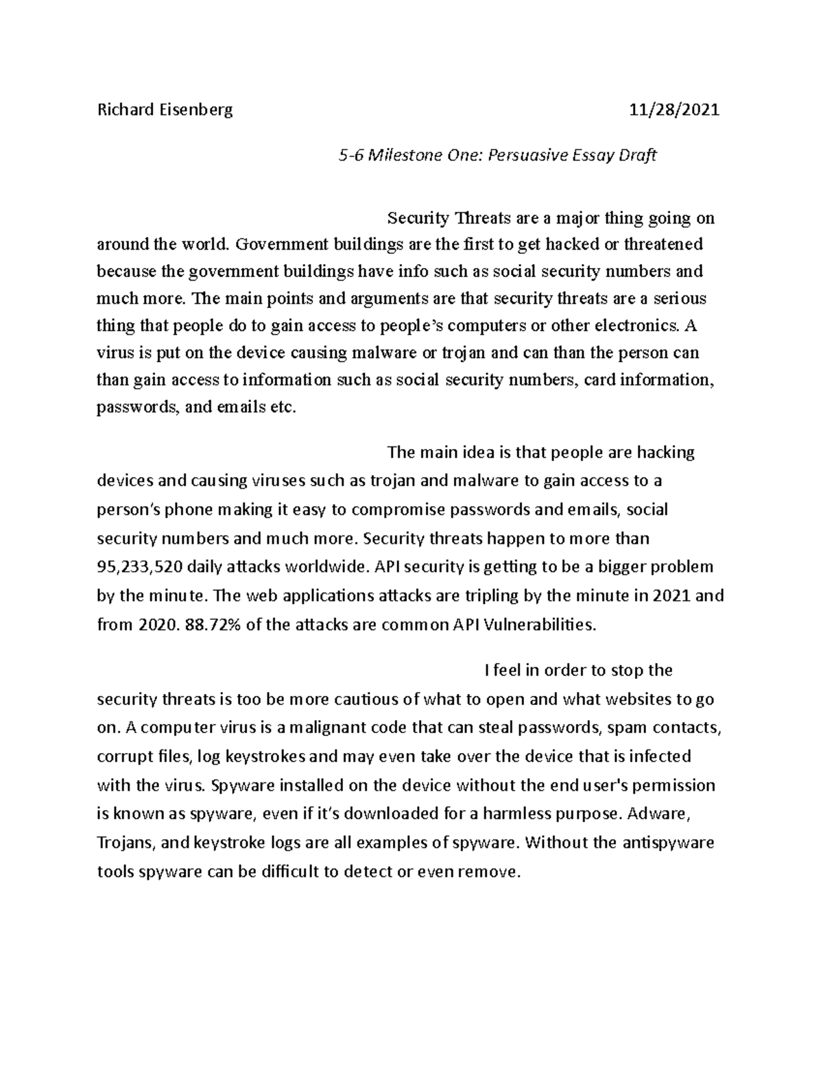 5-6 Milestone One Persuasive Essay Draft - Richard Eisenberg 11/28/ 5-6 ...