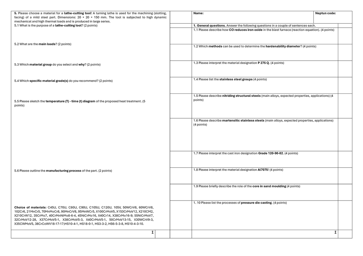 Exam Example 3 - Material Selection for Tool Design (Code: 1) - Studocu