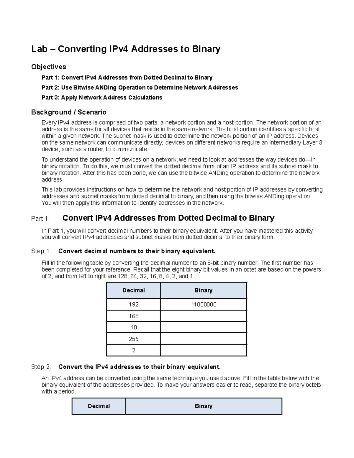 Lab - Converting IPv4 Addresses to Binary - Objectives Part 1: Convert ...