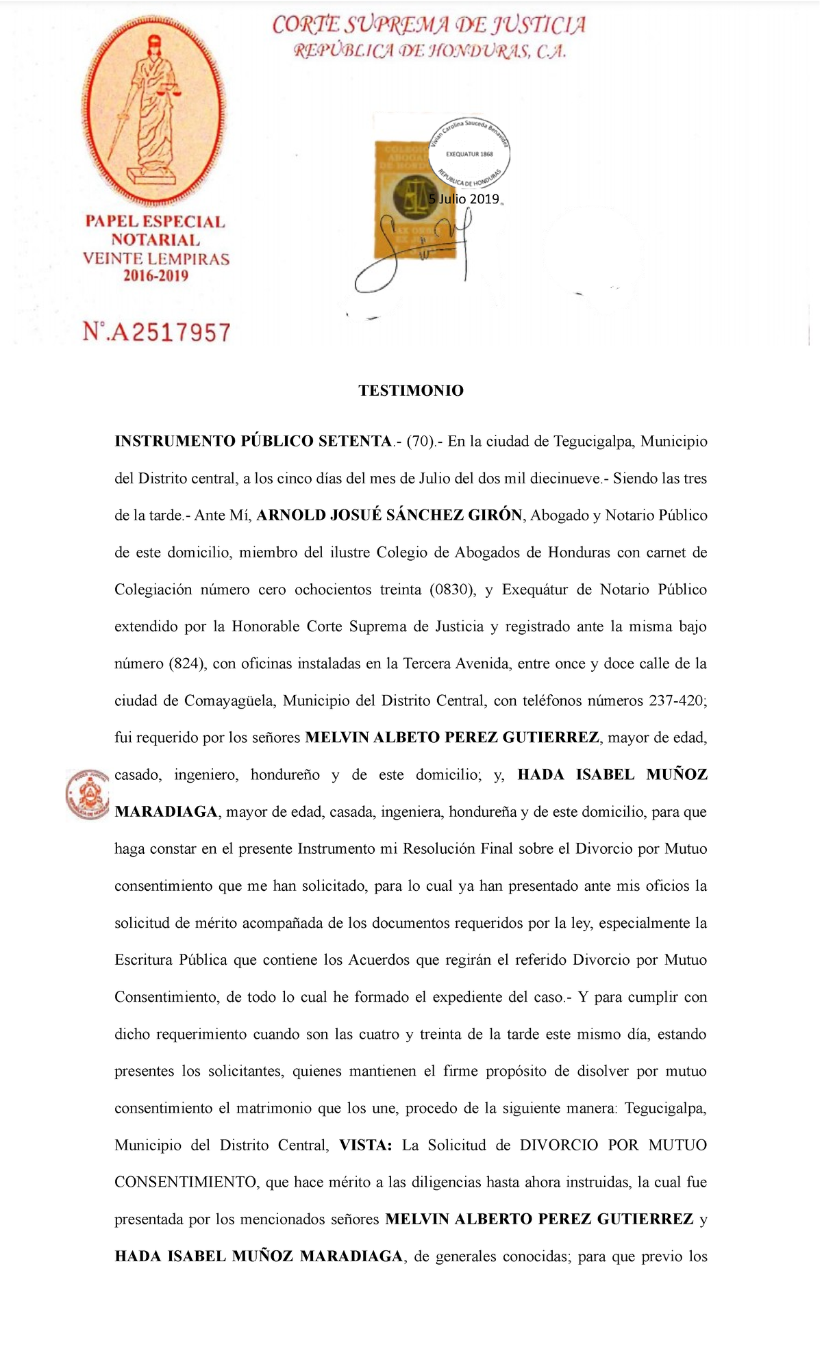 Divorcio por Mutuo Consentimiento - Testimonio Notarial de 2019 - Studocu