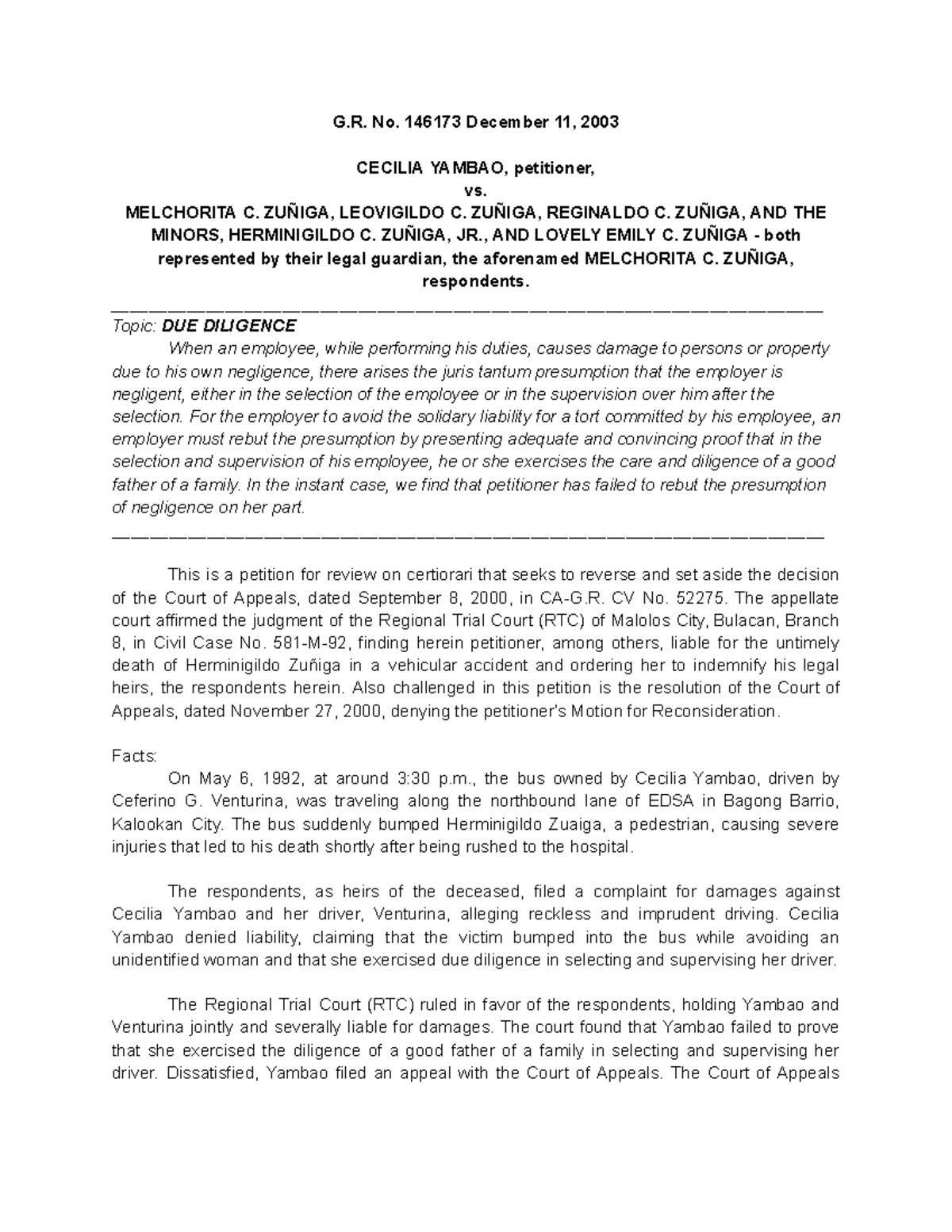 G.R. No. 146173 Case Digest: Due Diligence in Employer Liability - Studocu