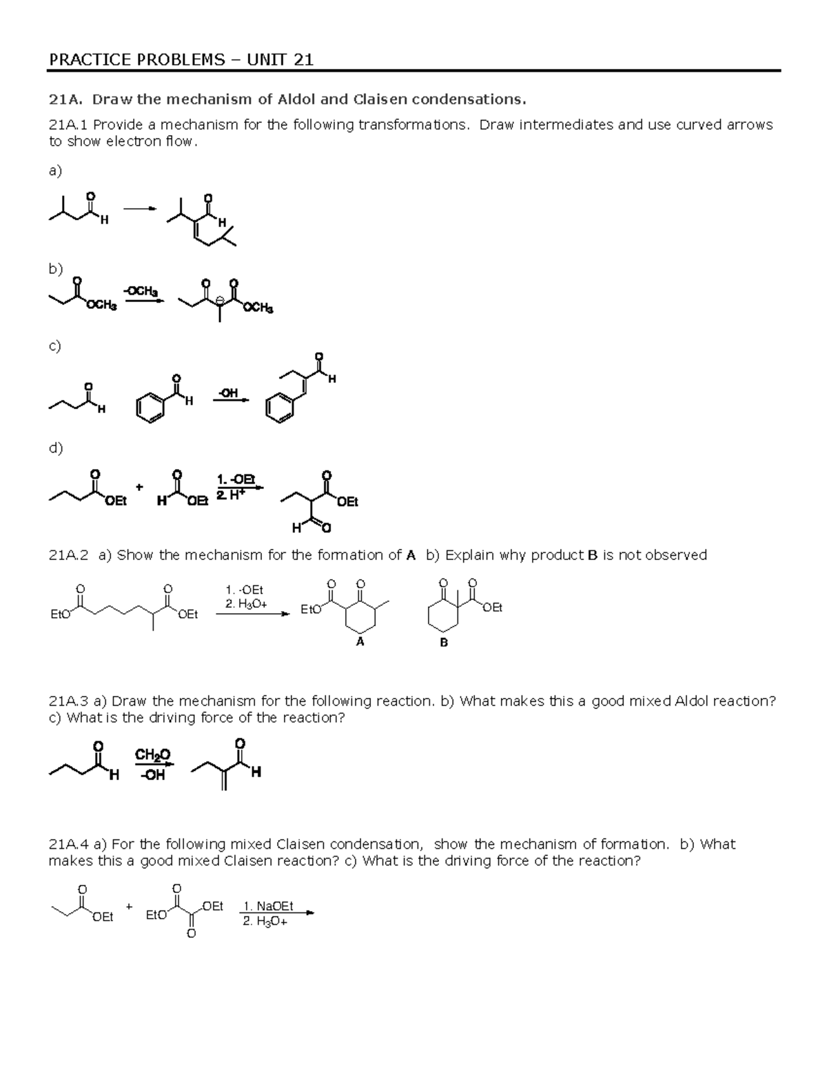 PRACTICE PROBLEMS UNIT 21: Aldol & Claisen Mechanisms - Studocu