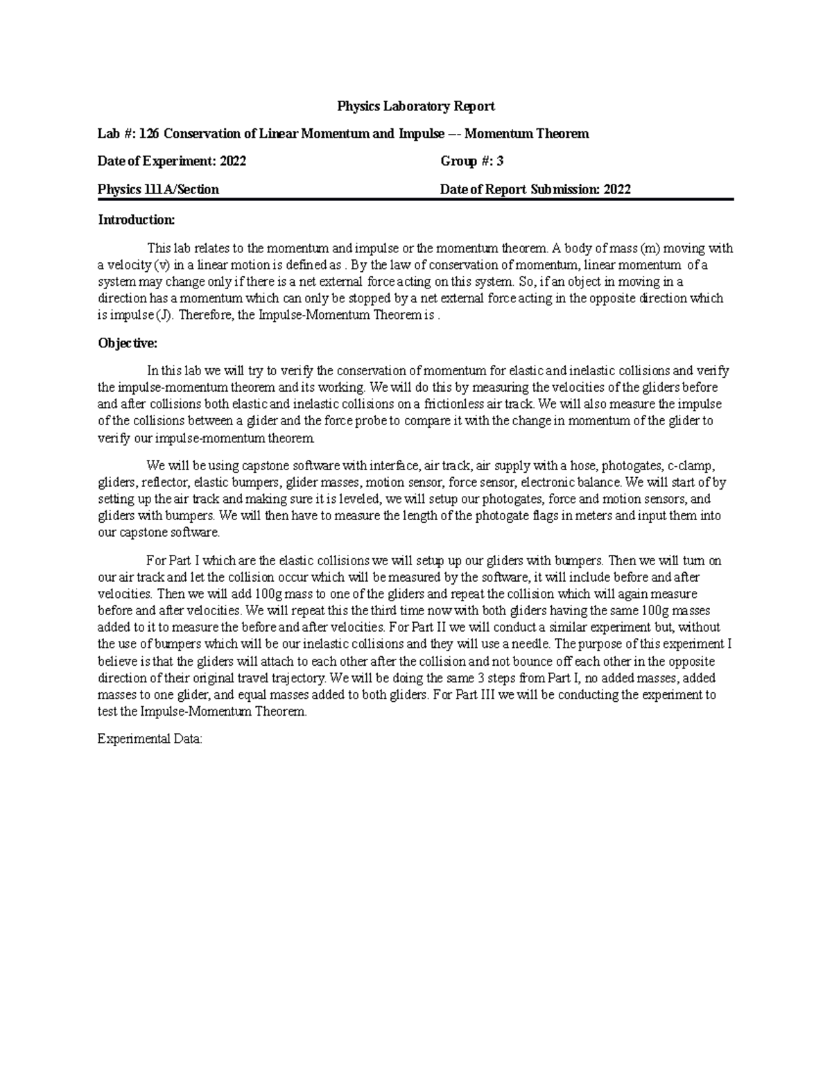 Physics 111A Lab 126: Conservation of Momentum & Impulse - Report - Studocu