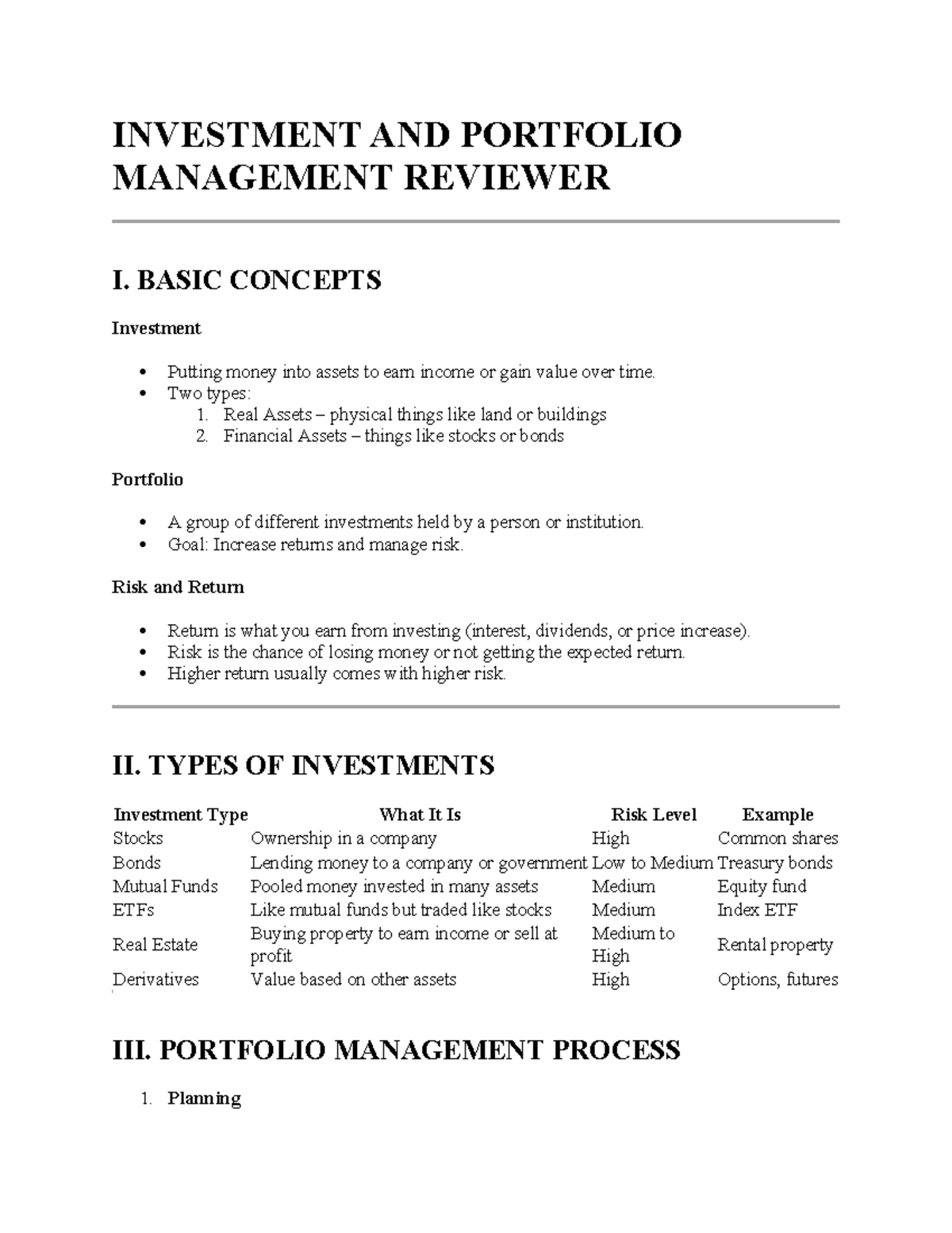 Investment and Portfolio Management Reviewer I: Basic Concepts and ...