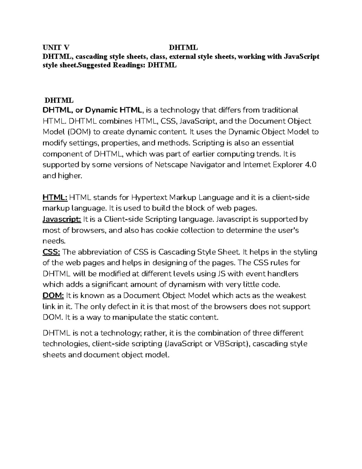 UNIT V DHTML: Understanding Dynamic HTML, CSS, and JavaScript - Studocu