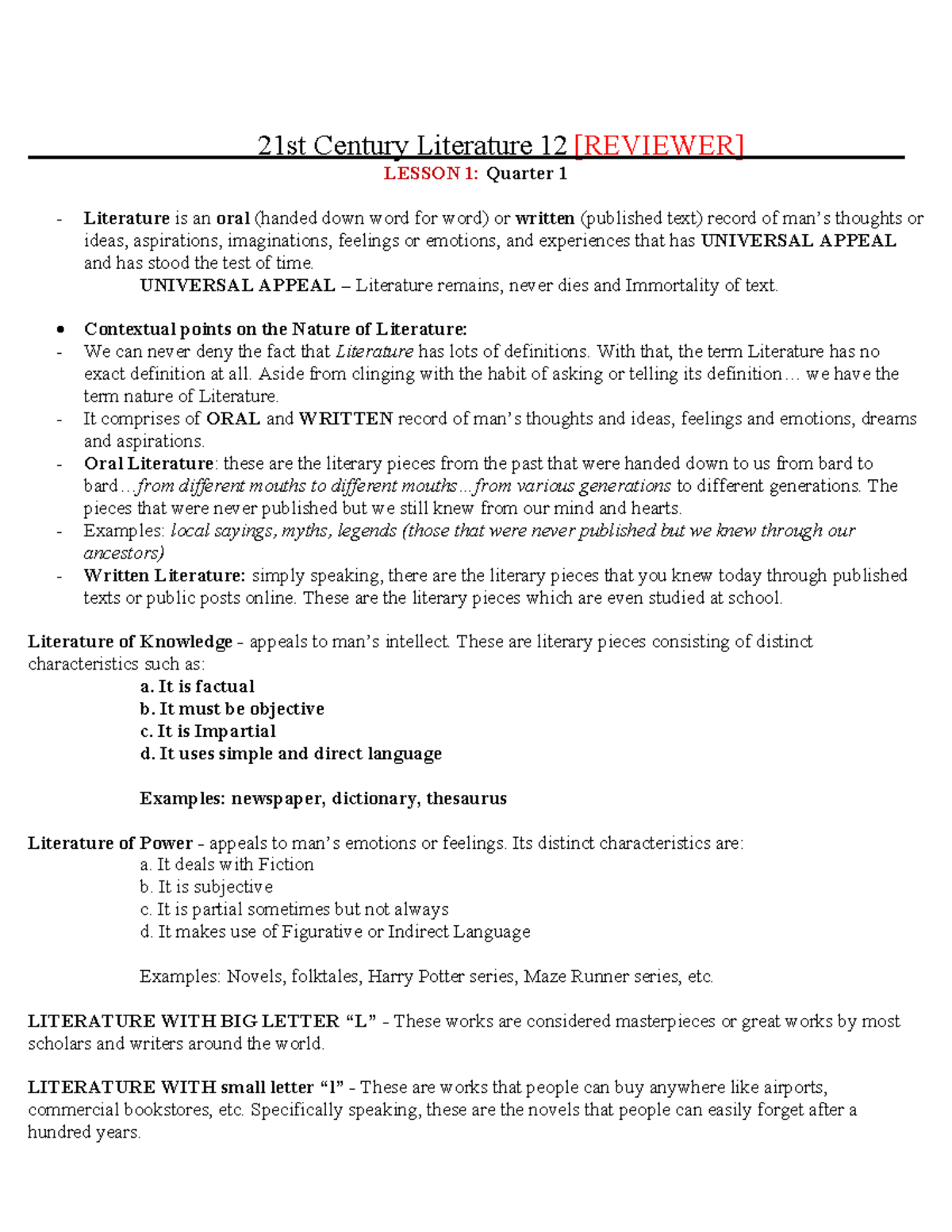 21st Century Literature 12 LESSON 1: Nature & Branches of Literature ...