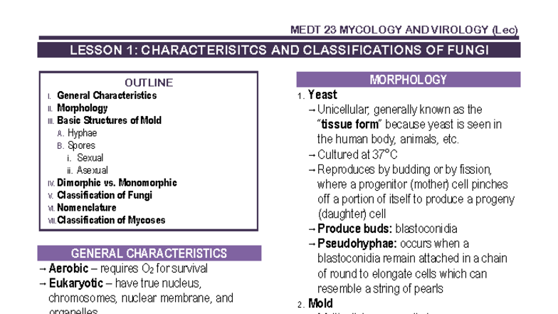 MEDT 23 MYCOLOGY AND VIROLOGY (Lec) LESSON 1: Fungi Characteristics ...