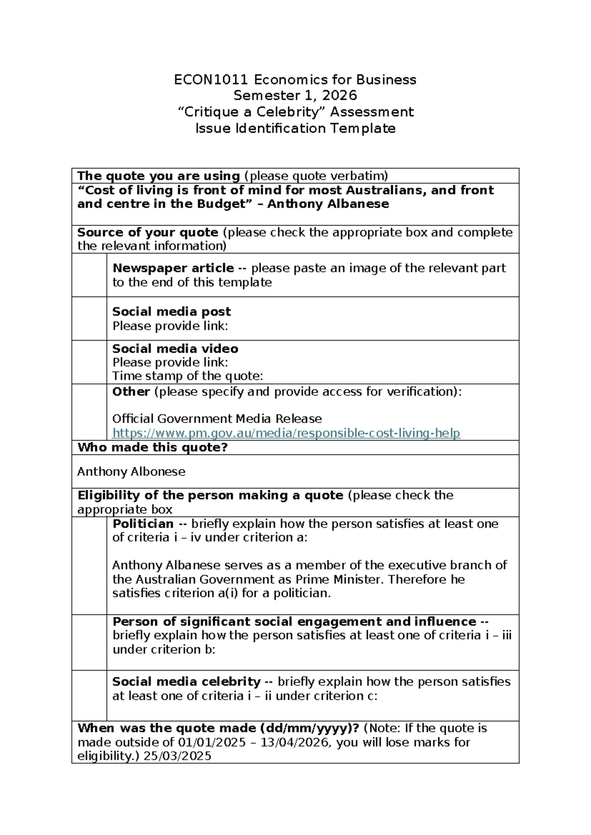 ECON1011 Assessment Issue Identification Template - Semester 1, 2026 ...
