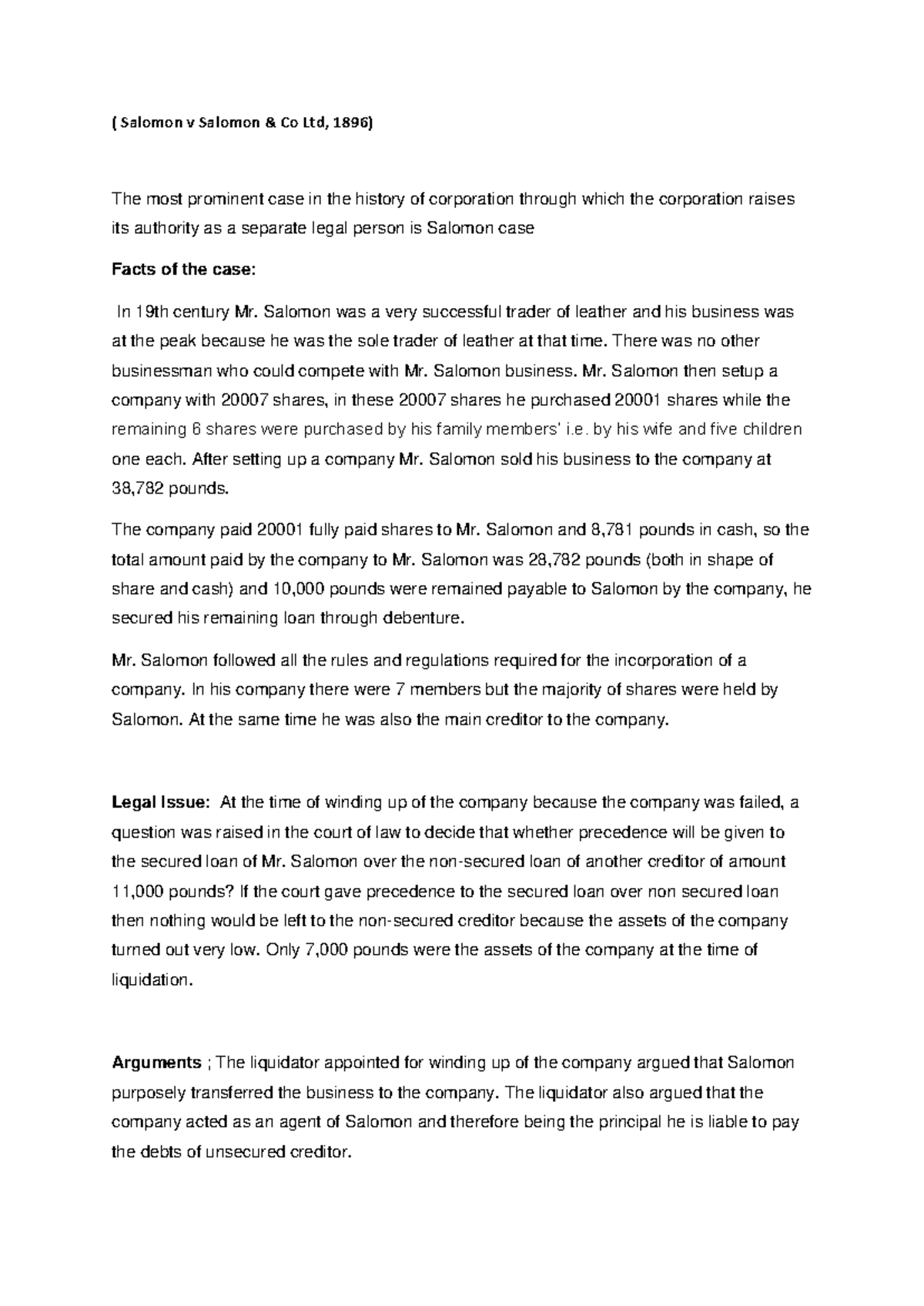 Case Study: Salomon v Salomon Co Ltd (1896) - Legal Implications - Studocu