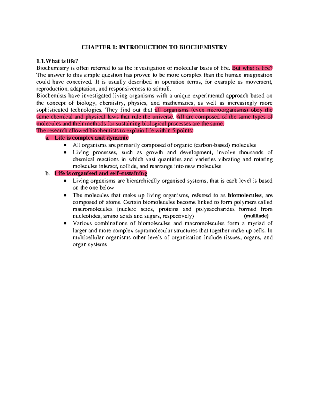 Chapter 1 notes - Intro to biochemistry - CHAPTER 1: INTRODUCTION TO ...