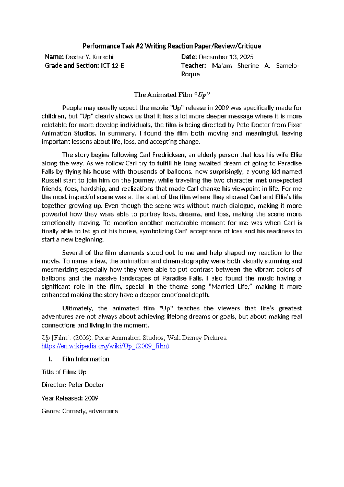 EAPP 5 Written Work: Reaction to the Animated Film "Up" - Studocu