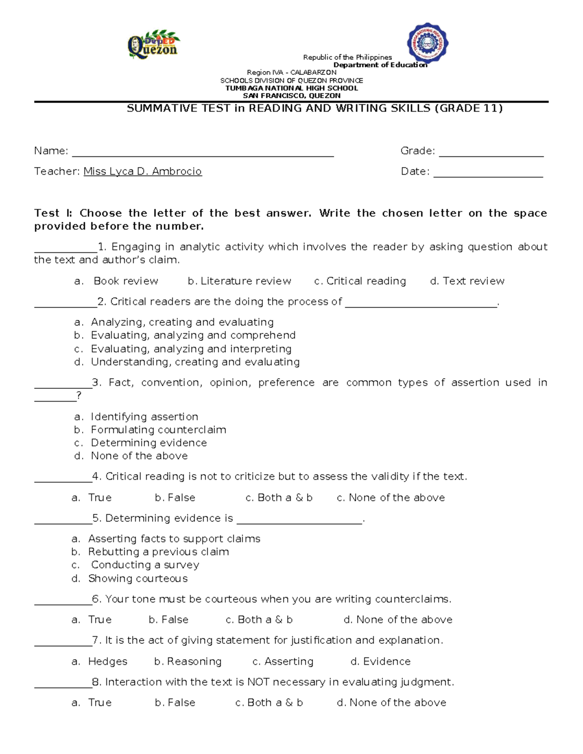 Summative Test in Reading and Writing Skills (GRADE 11) - Ma'am Lyca ...