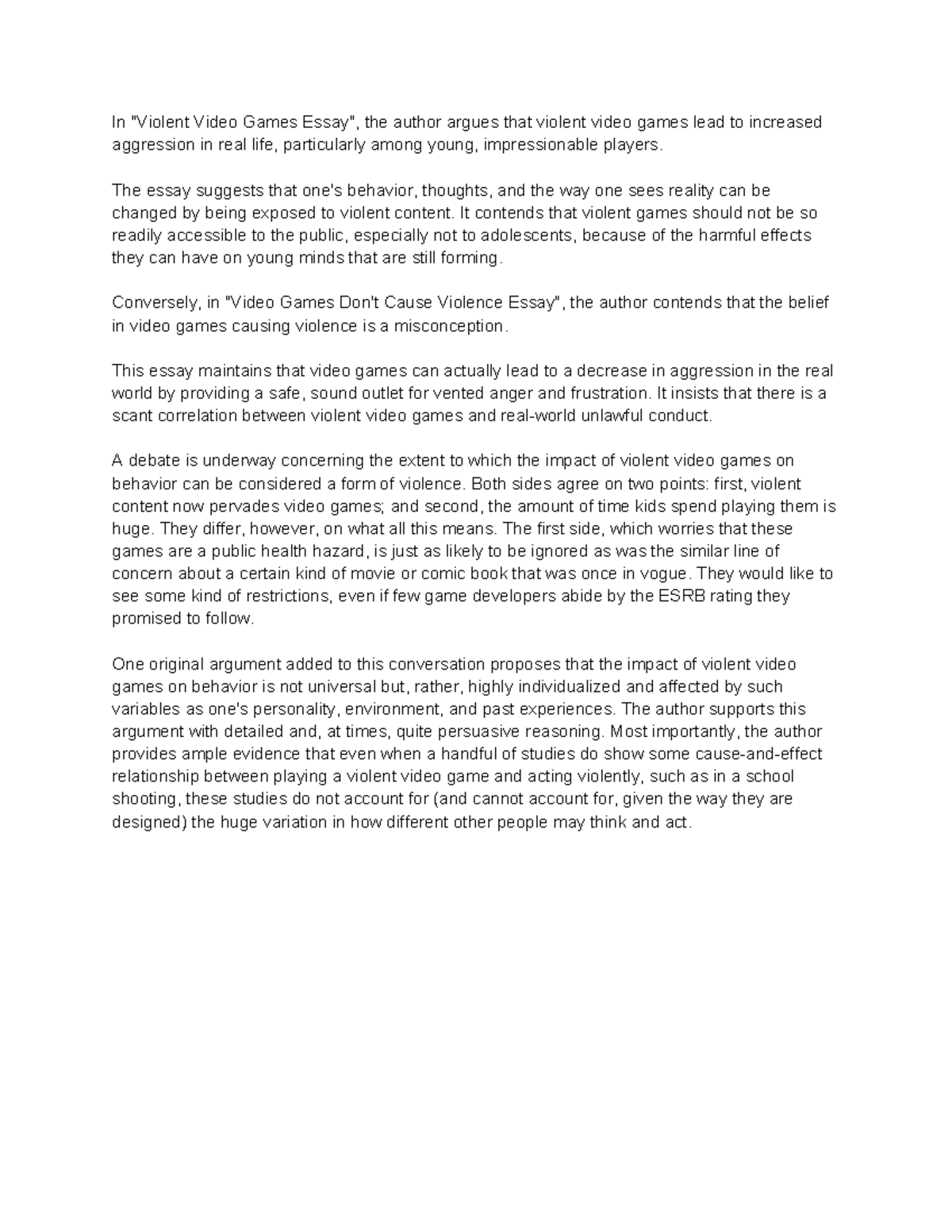 Writing Exercise 8: Analyzing the Debate on Violent Video Games - Studocu
