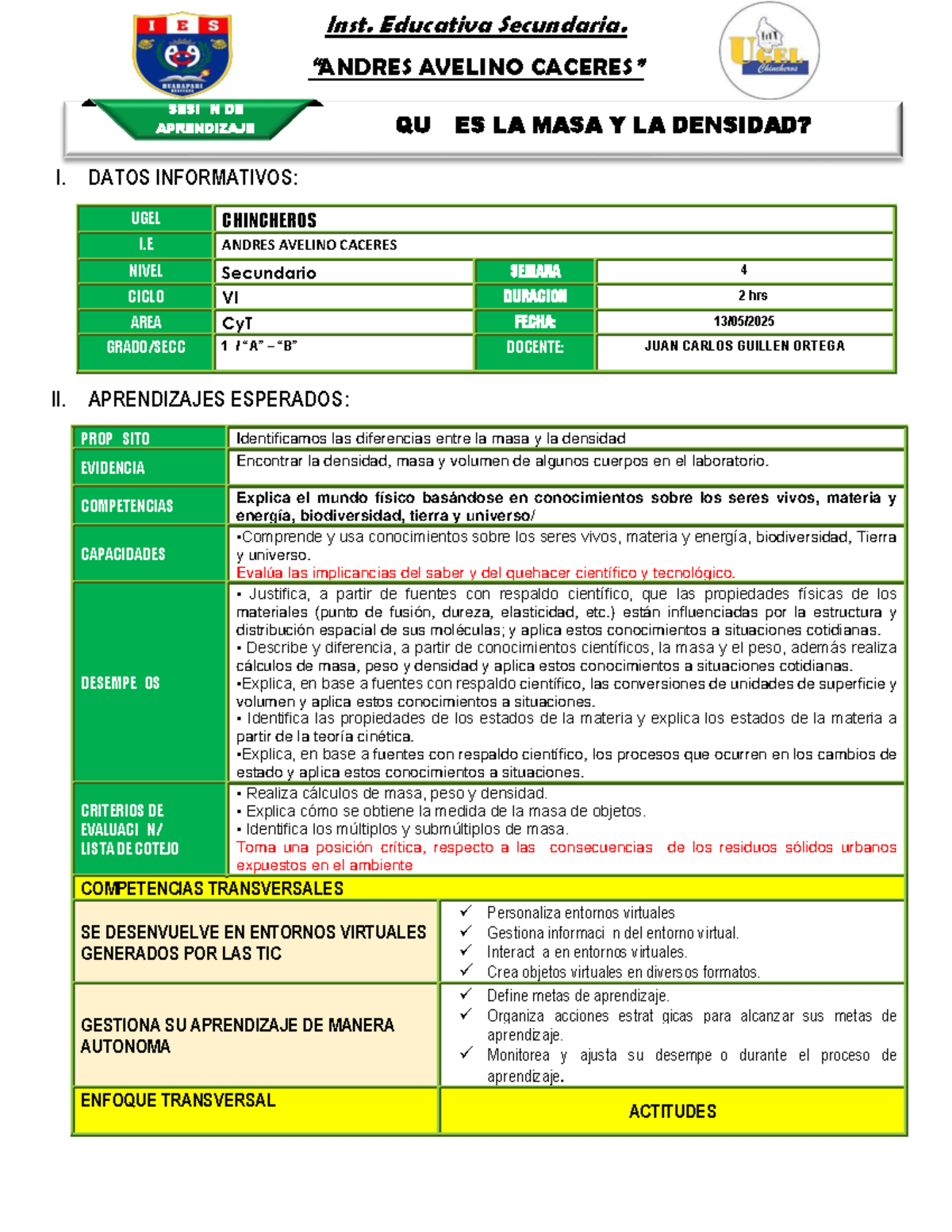 Sesión de Aprendizaje: Masa y Densidad en Ciencia y Tecnología - 1 ...