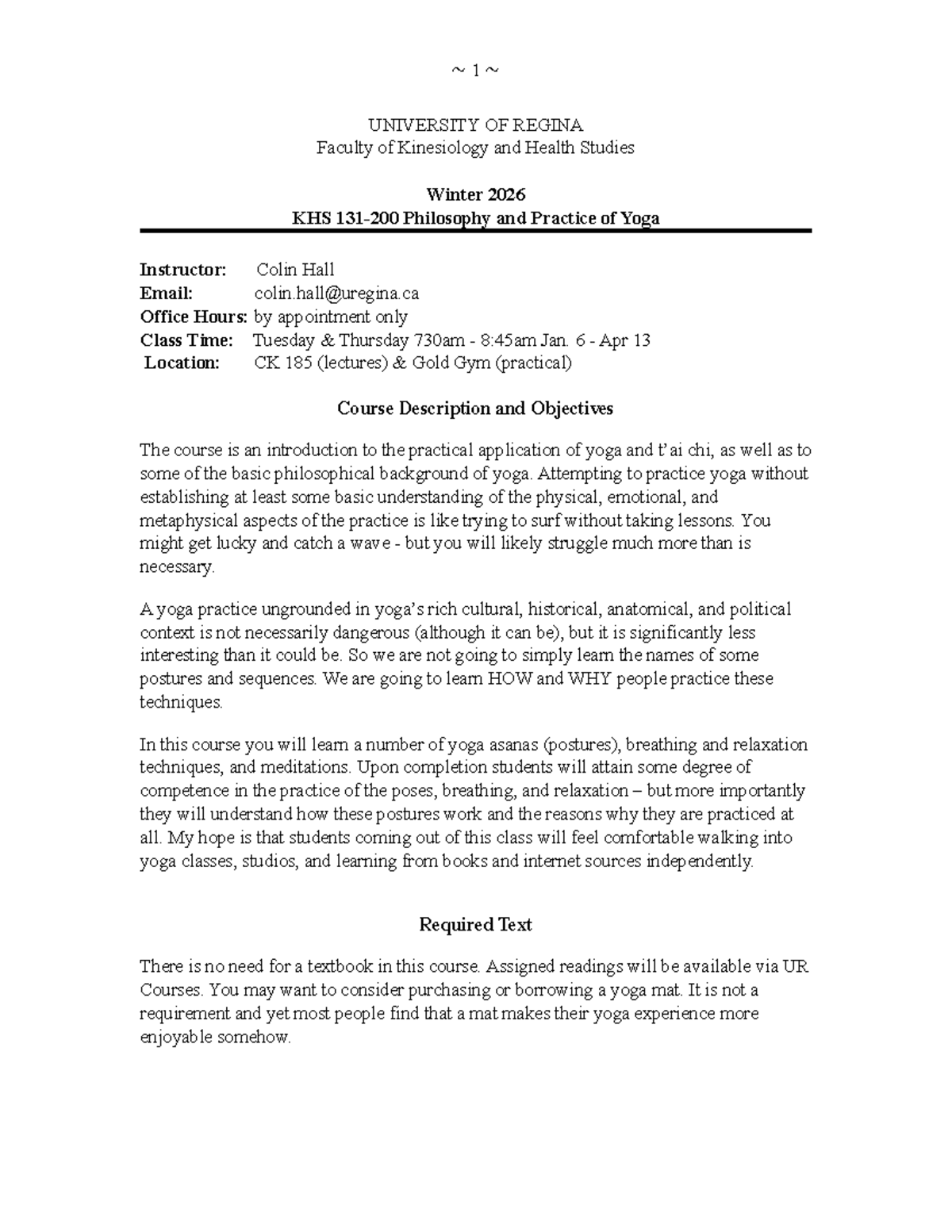 KHS 131 TR Winter 2026 - Yoga Philosophy & Practice Syllabus - Studocu