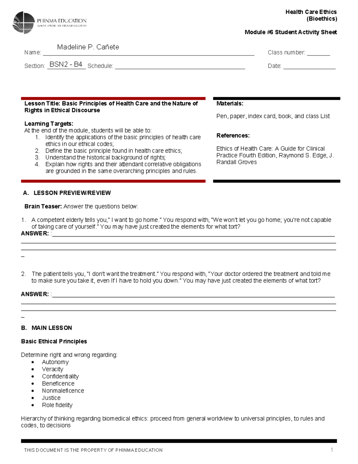 Bioethics Session 6 SAS - (Bioethics) Module #6 Student Activity Sheet ...