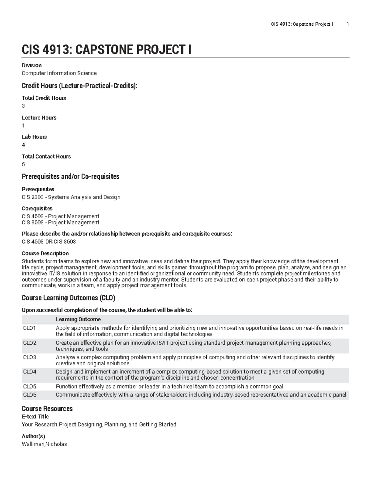 CIS 4913: Capstone Project I Syllabus Overview and Course Details - Studocu