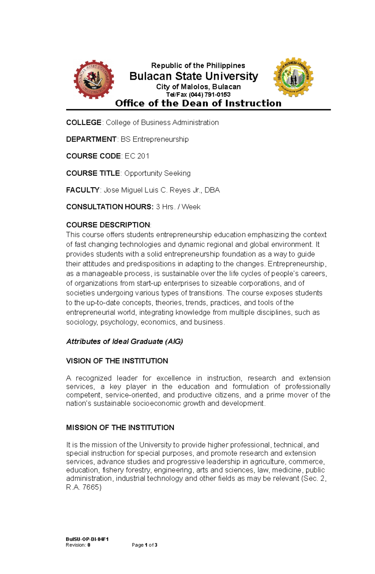 EC 201 Lecture Syllabus: Opportunity Seeking in Entrepreneurship - Studocu