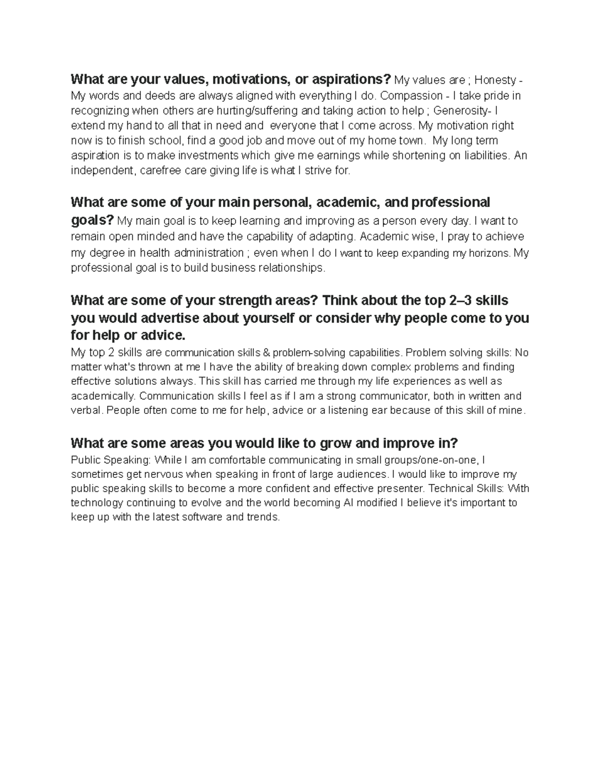 Self Reflection Assignment: Values, Goals, and Growth Areas - Studocu