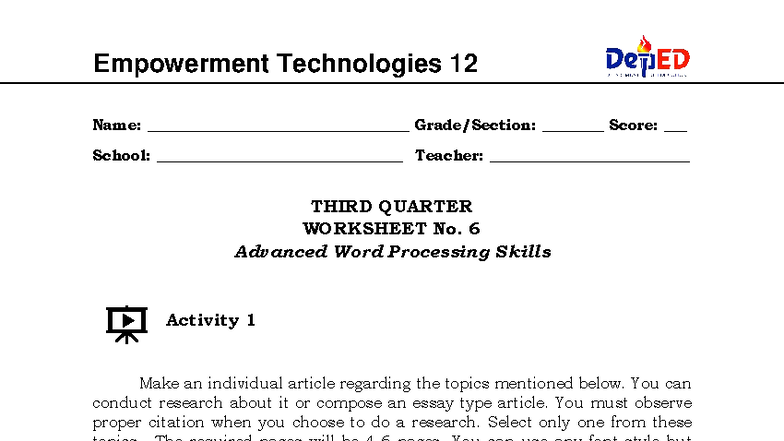 TVL Empowerment Technologies 12 - Q3 Worksheet No. 6: Advanced Word ...