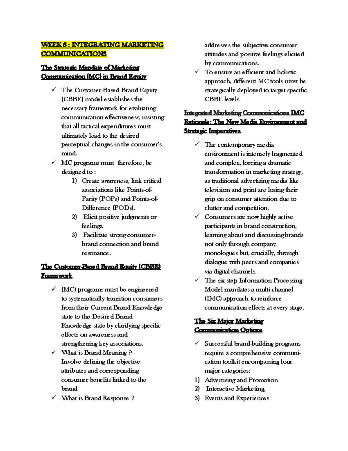 WEEK 6-11: INTEGRATING MARKETING COMMUNICATIONS & BRAND EQUITY ...