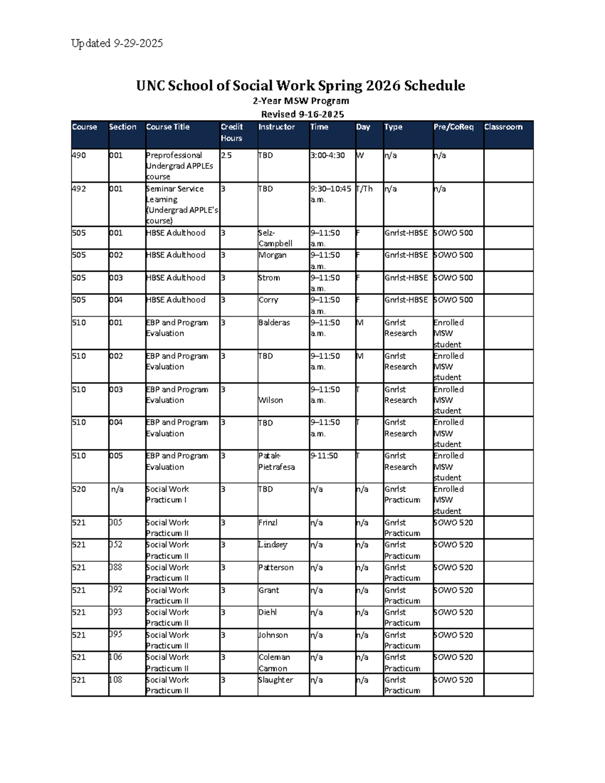 Updated Spring 2026 Schedule for UNC School of Social Work Courses ...