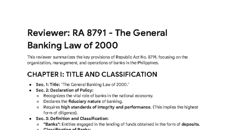 RA 8791 Summary: Key Provisions of the General Banking Law - Studocu