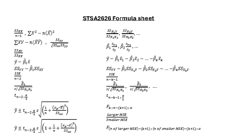 STSA2626 Complete Formula Sheet for Statistics - Studocu