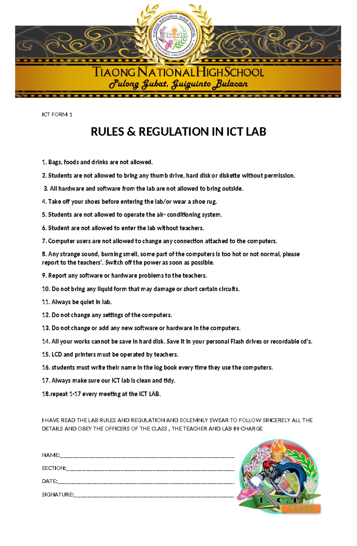 ICT Lab Rules & Regulations - Form 1 Compliance Guide - Studocu