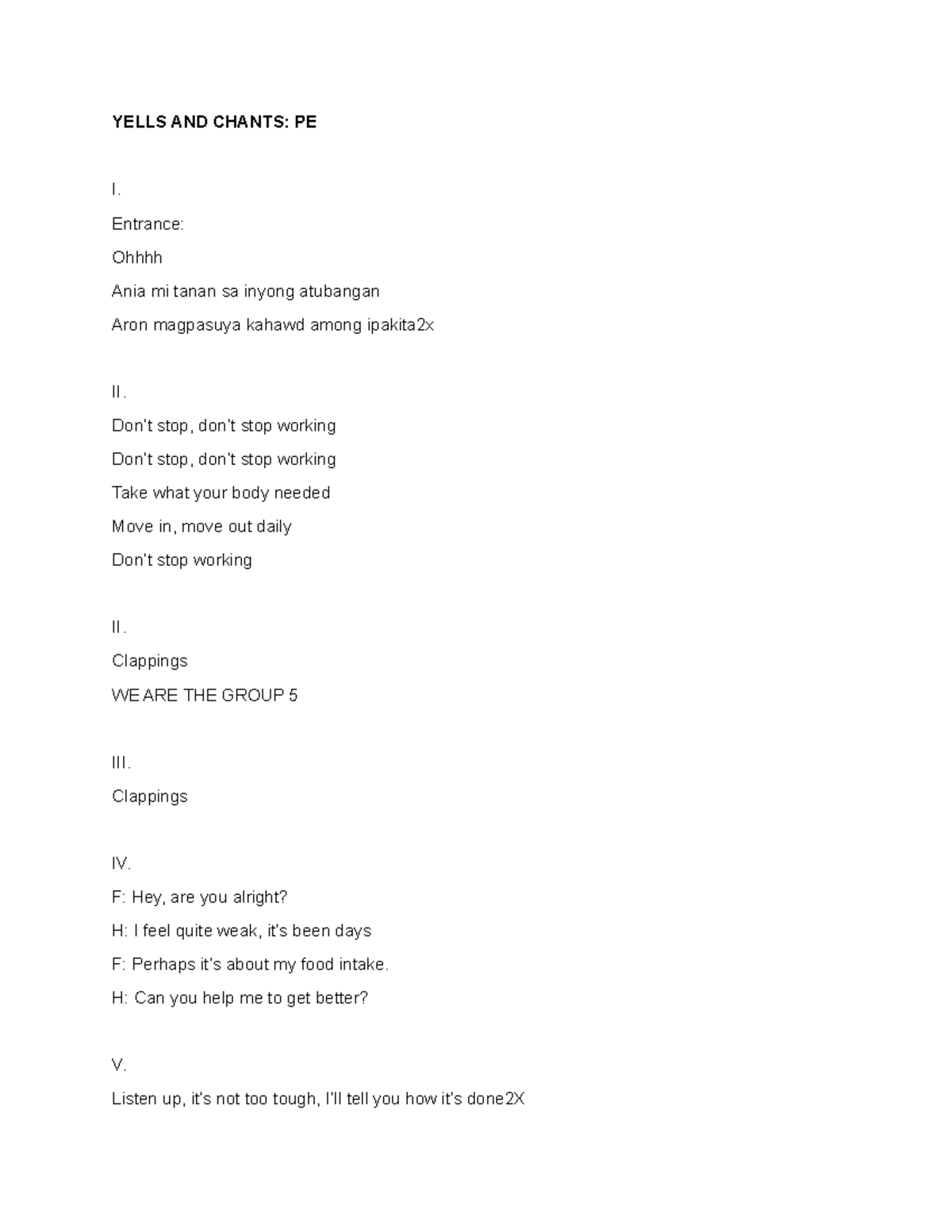 Yells and Chants - PE Lesson Plans for Group Activities - Studocu