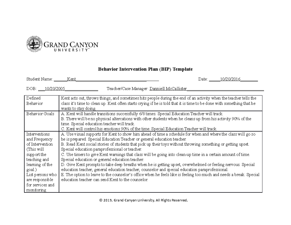 SPD 540 Behavior Intervention Plan (BIP) Template for Kent - Studocu