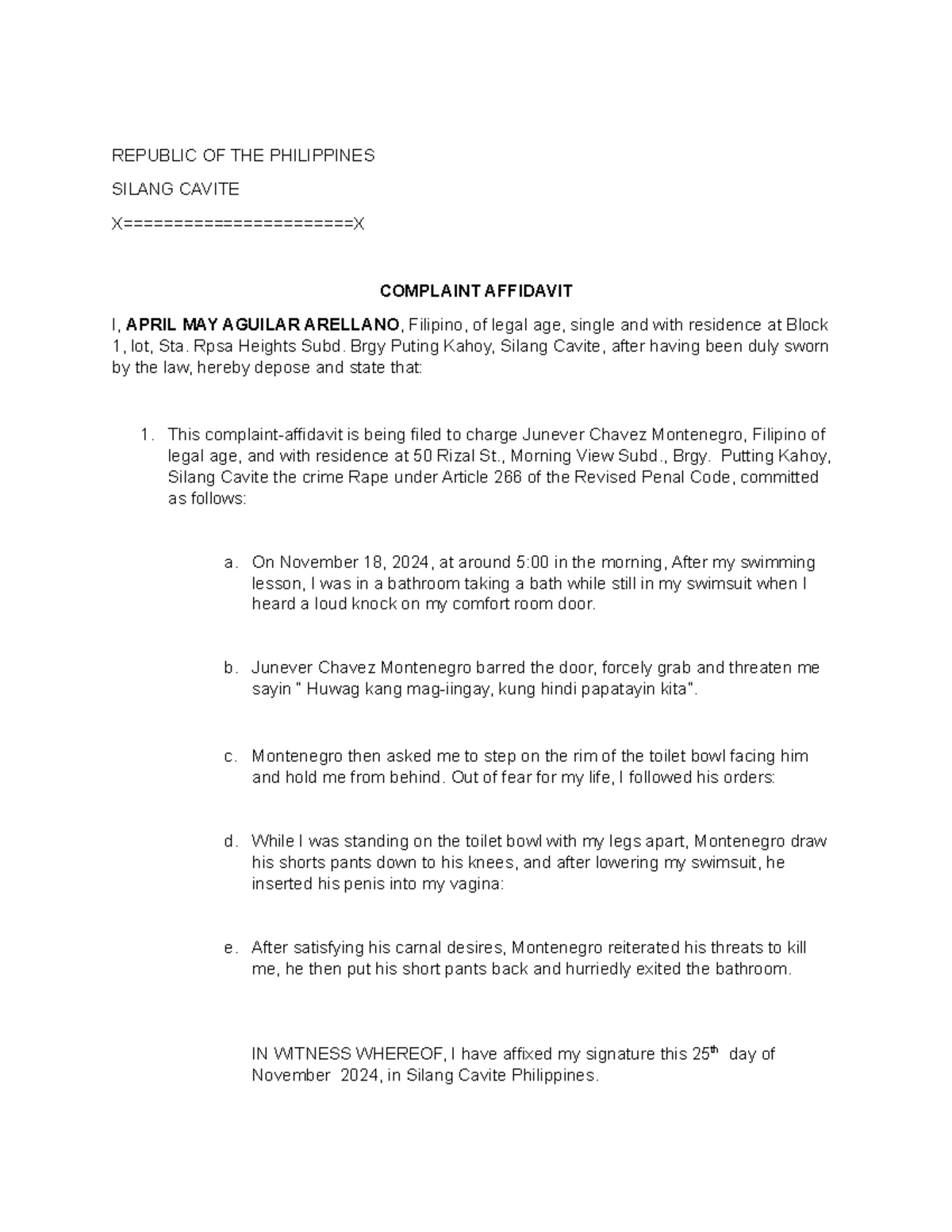 Complaint Affidavit for Rape Case - Silang Cavite - Studocu