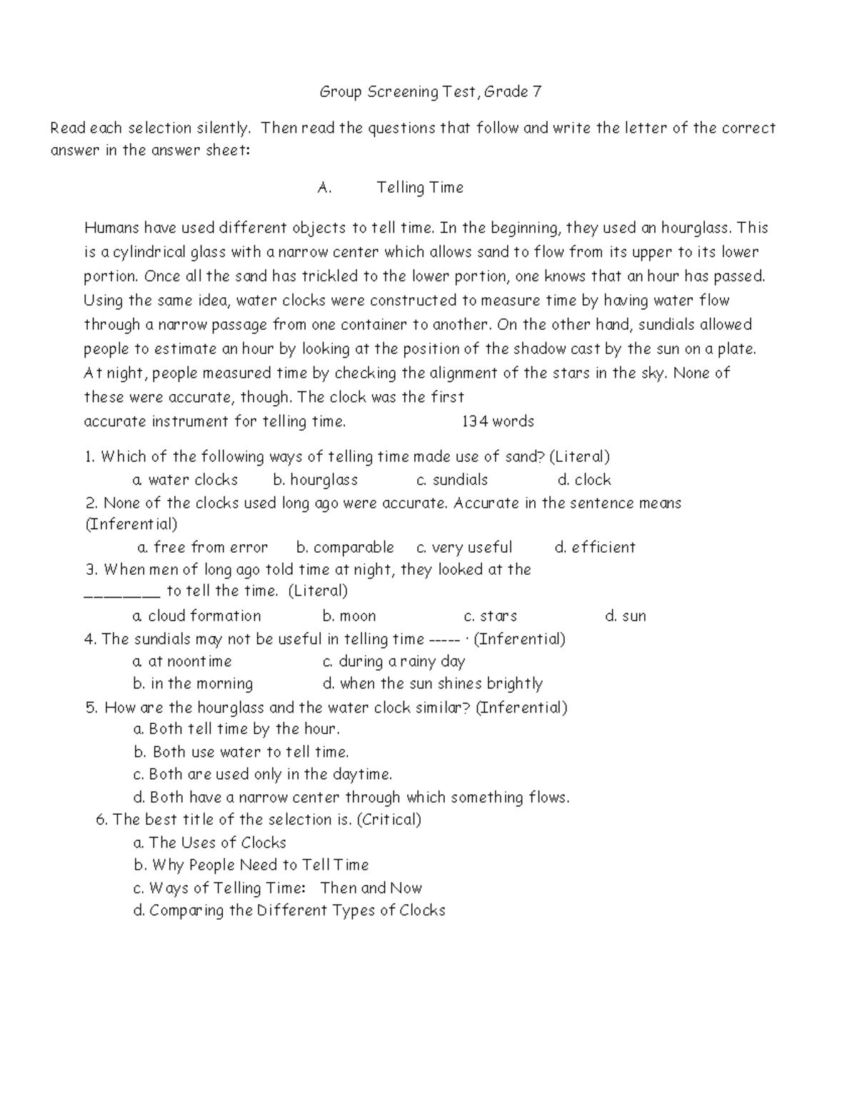 Group Screening Test: Understanding Time, Chocolate, Dust, and Pain ...