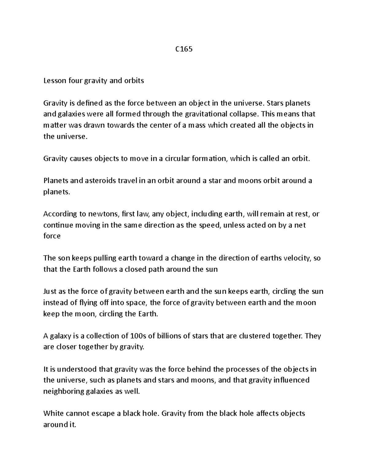 C165 2 - notes - C Lesson four gravity and orbits Gravity is defined as ...