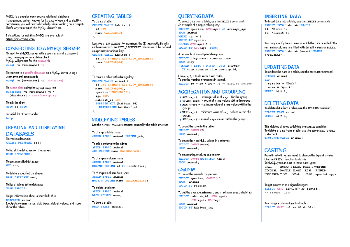 MySQL Cheat Sheet: Essential Commands & Usage Guide - Studocu