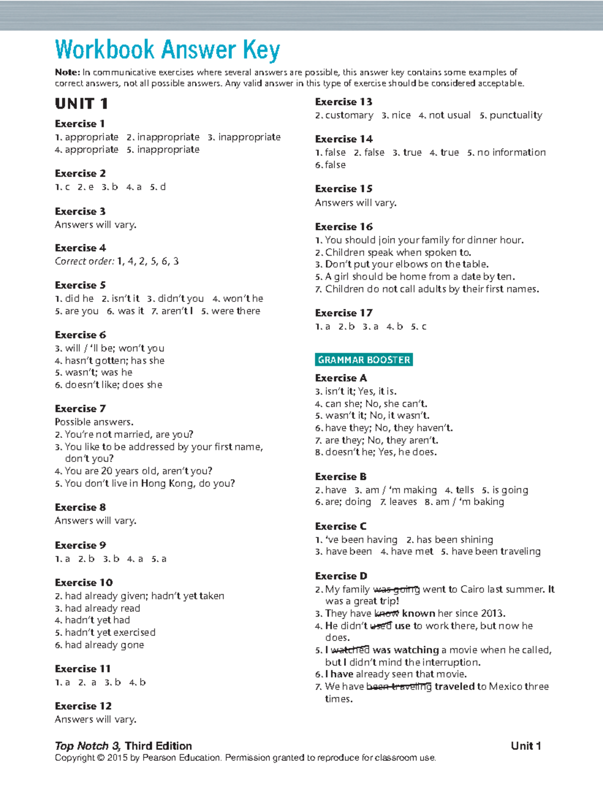 Top Notch 3a Workbook Answer Key - Third Edition Exercises - Studocu