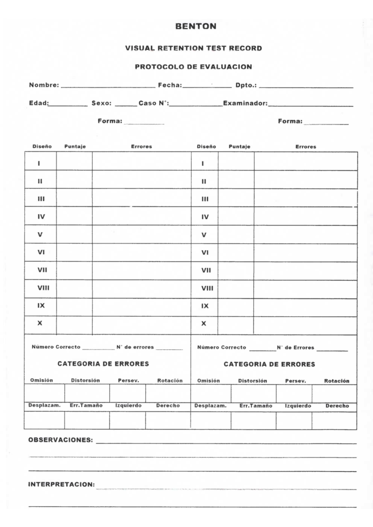 Benton Visual Retention Test Protocol - Full Evaluation Document - Studocu