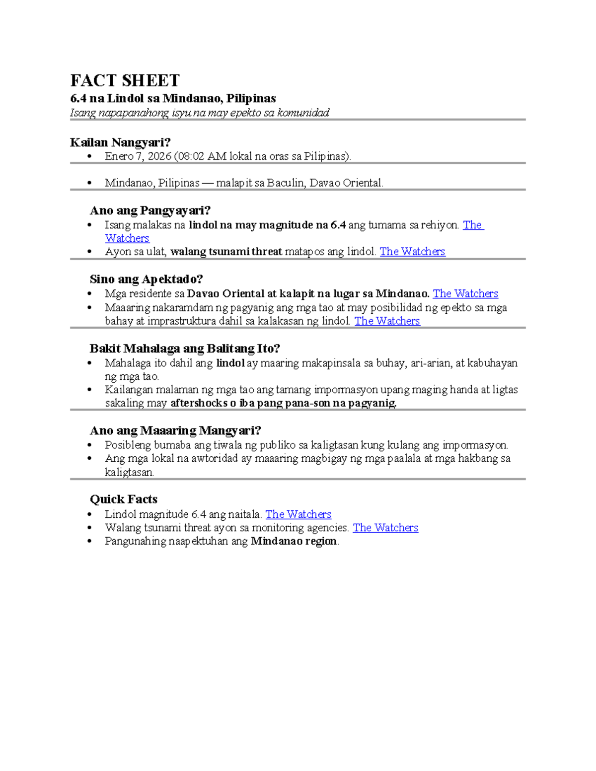 FACT SHEET 6.4: Lindol sa Mindanao at mga Kaugnay na Isyu - Studocu